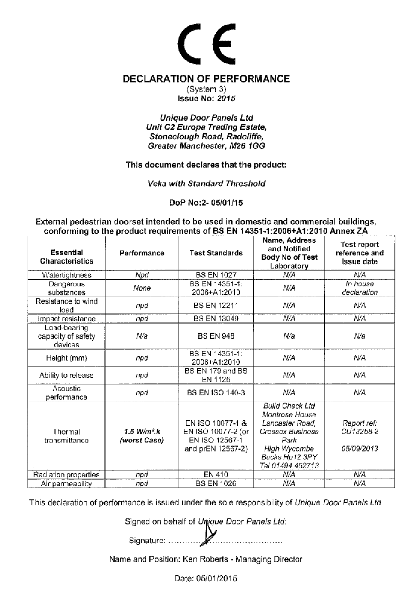 Unique Composite Doors CE Certificates